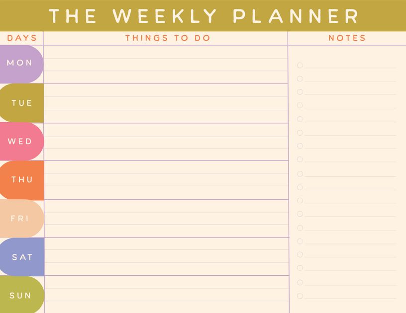 Colorful Chart Weekly Planner Card Design Template — Customize it in Kittl