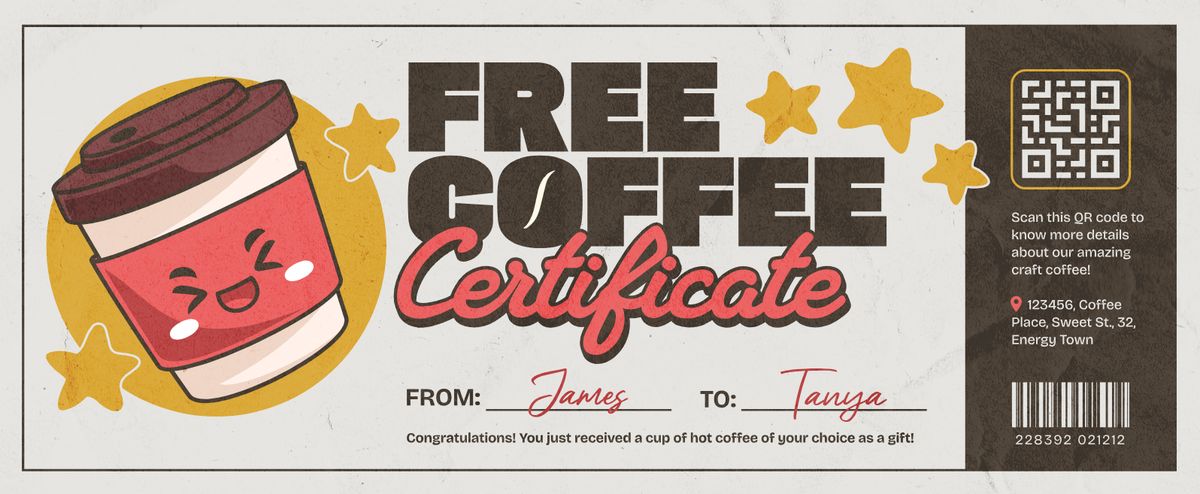 Free Coffee Gift Certificate Card Design Template — Customize it in Kittl