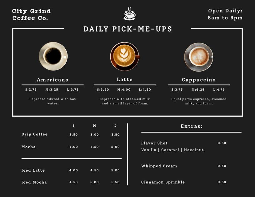 Sleek Black Cafe Drink Menu Poster Design Template — Customize it in Kittl
