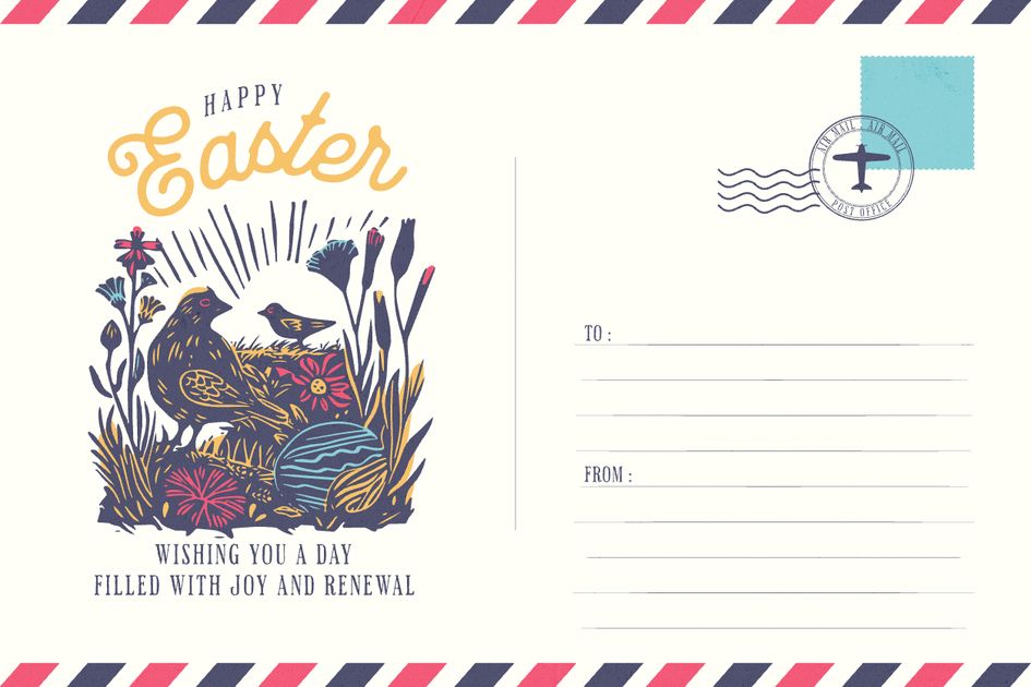 Vintage Illustrated Happy Easter Greeting Postcard Card Design Template ...