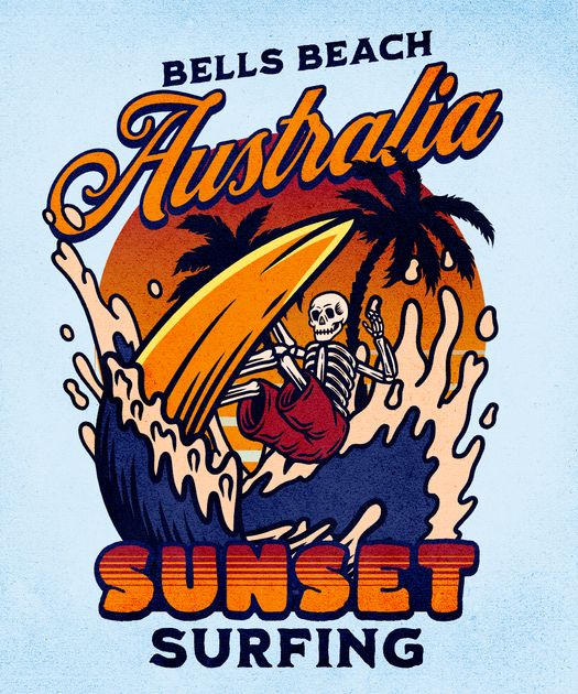 Bells Beach Australia Sunset Surfing T-Shirt Design Template ...