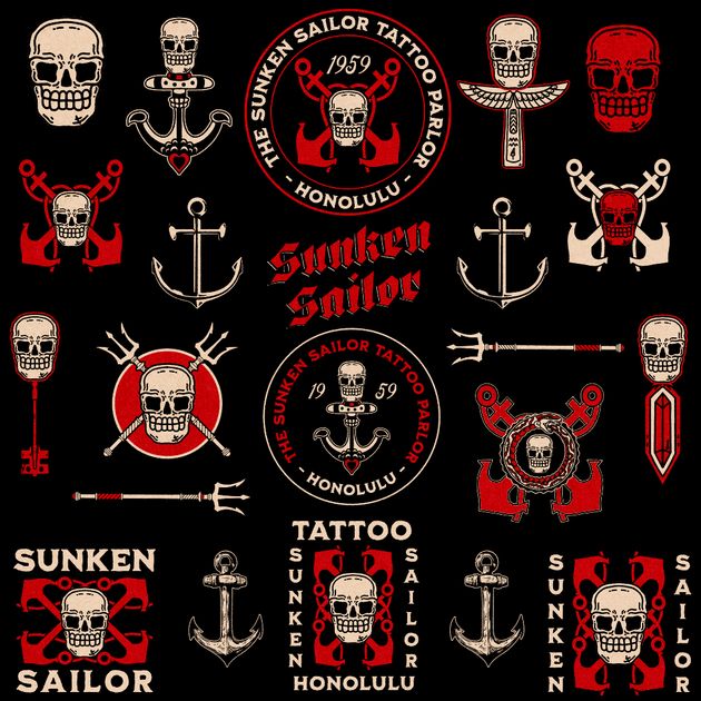 Sunken Sailor Tattoo Flash Sheet - Trident Skull Logo Design Template ...